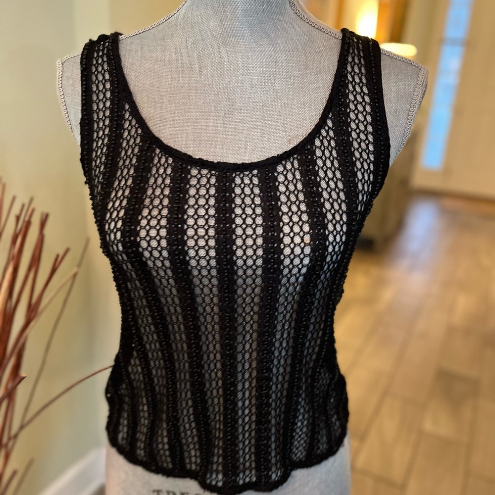 Y2k Passport Vintage Black Sheer Crochet, Beaded Tank… - Gem